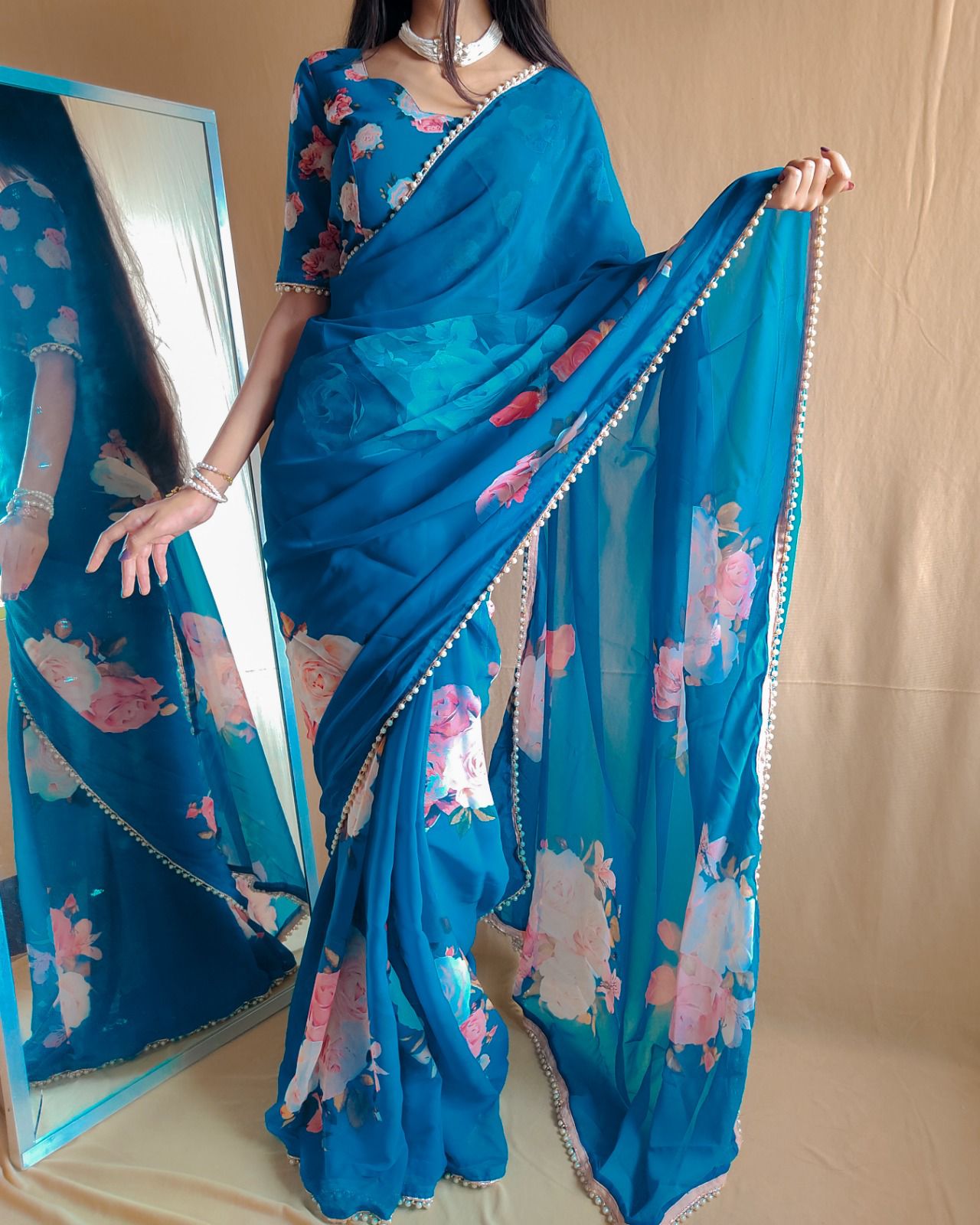 Firozi Color Printed With Peral Lace Border Georgette Stylist Saree ...