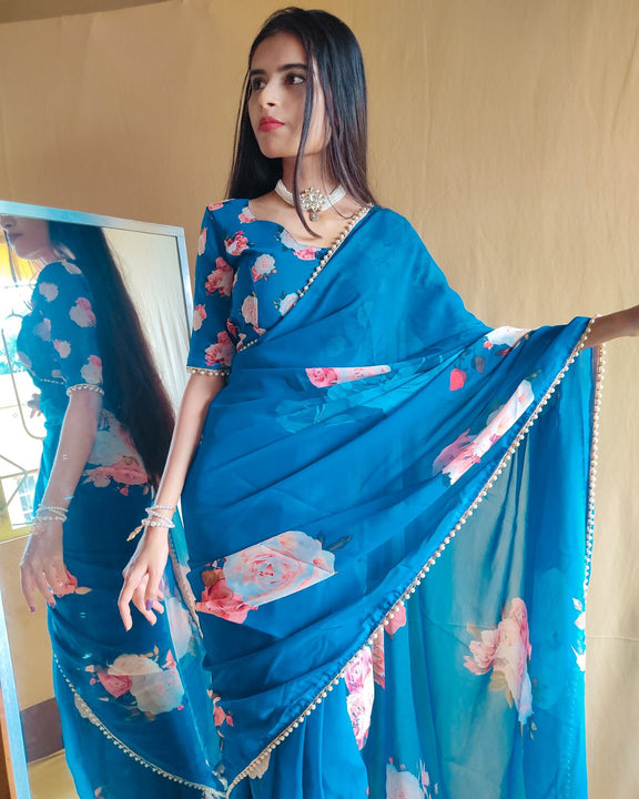 Firozi Color Printed With Peral Lace Border Georgette Stylist Saree ...
